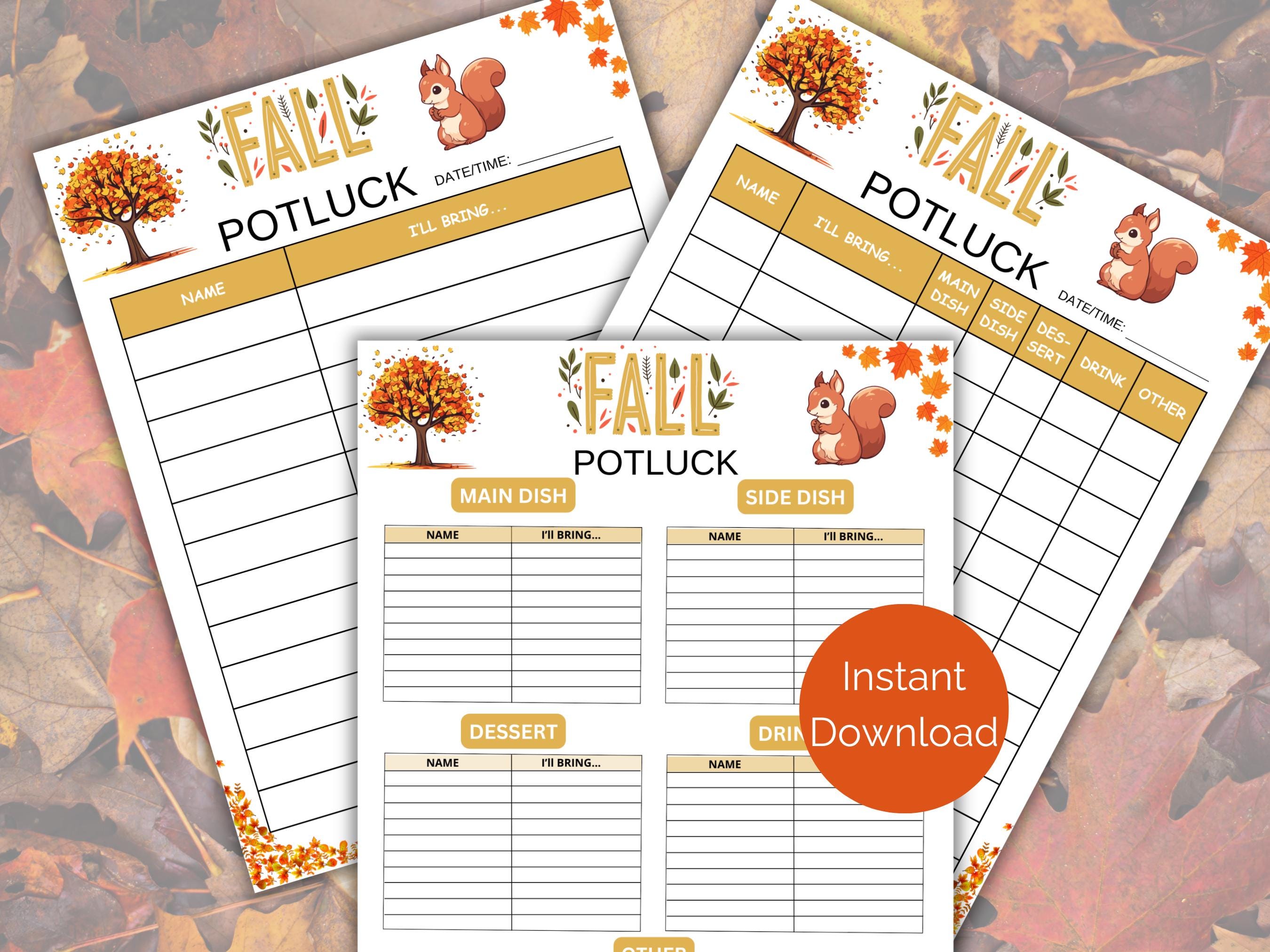 Fall Potluck Sign up Sheet, Printable Autumn Harvest Potluck Party Sign ...