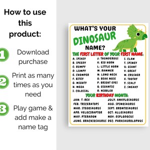 What's Your Dinosaur Name Game + Name Tags, Dinosaur Birthday Party ...