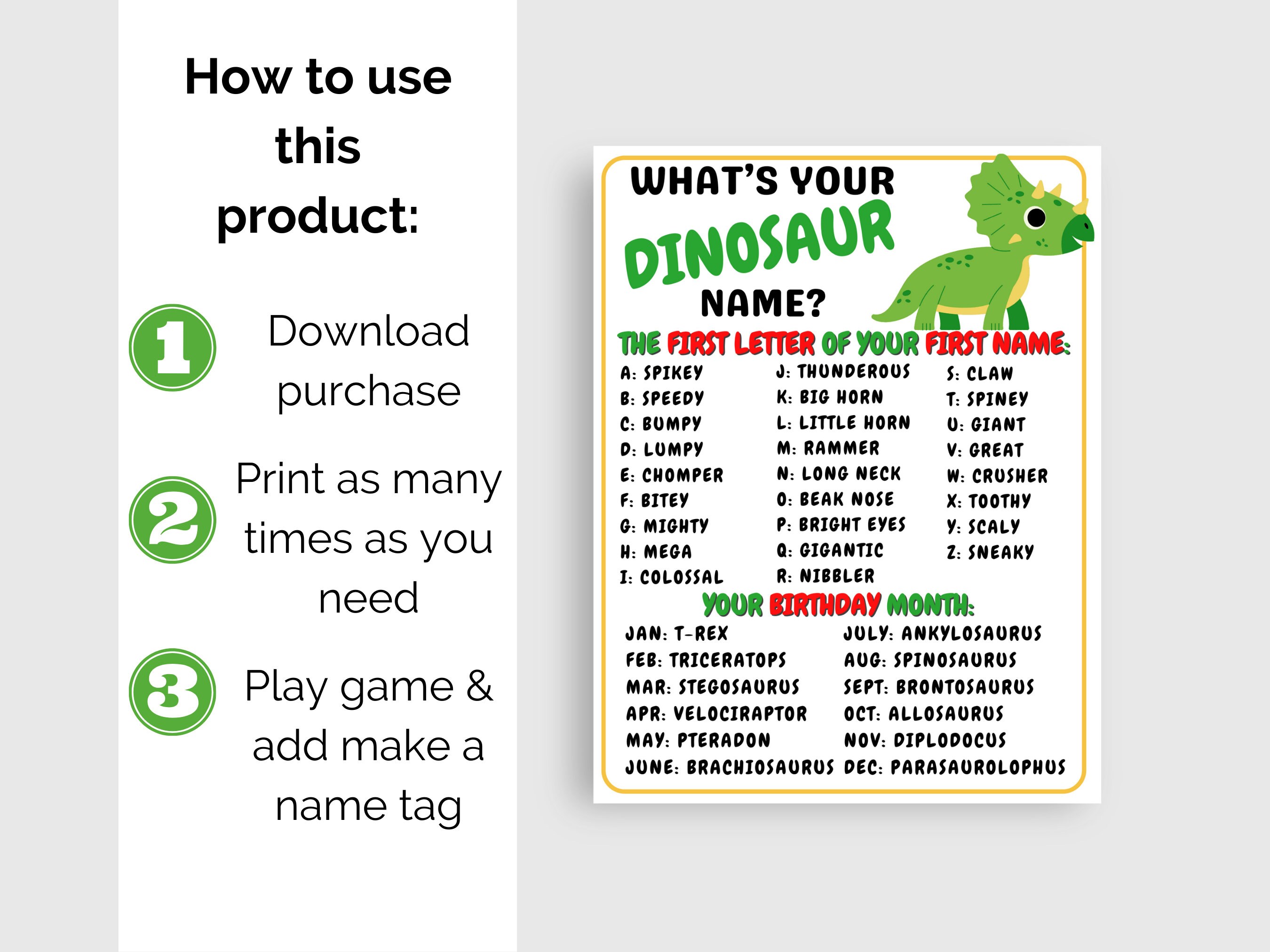 What's Your Dinosaur Name Game + Name Tags, Dinosaur Birthday Party ...