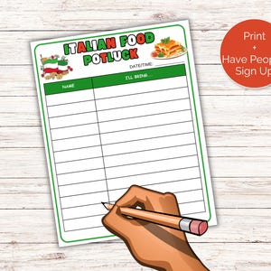 Italian Food Potluck Sign up Sheet, Printable Pasta Dinner Party ...