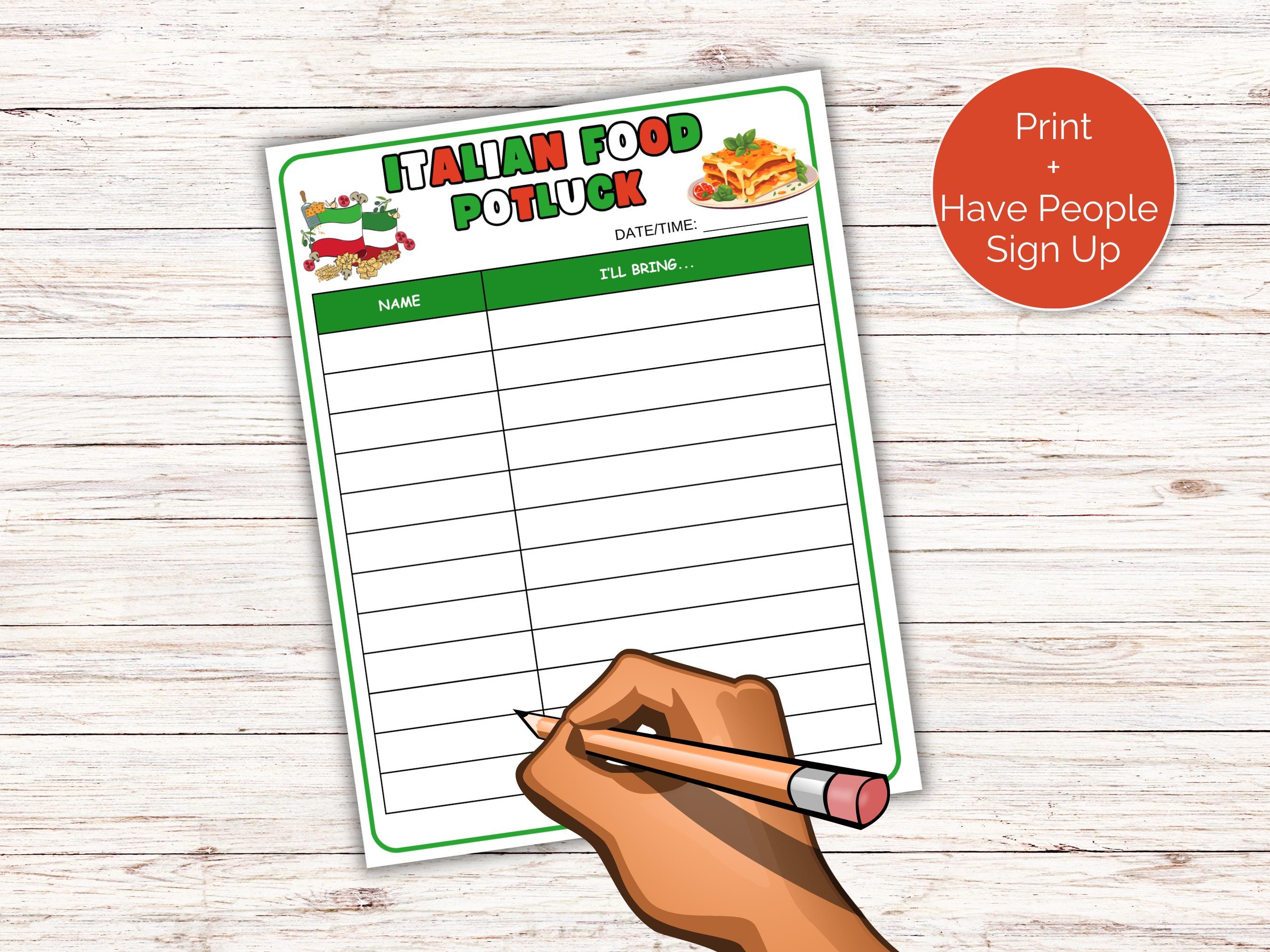 Italian Food Potluck Sign up Sheet, Printable Pasta Dinner Party ...