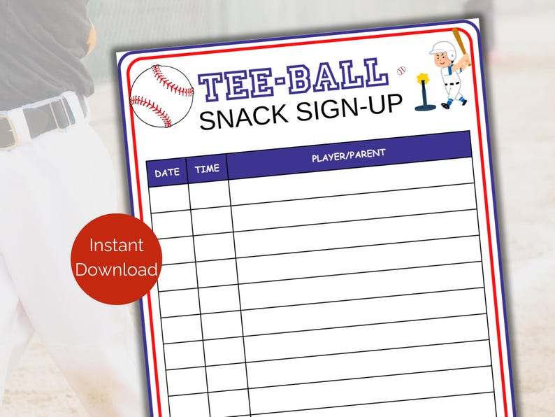 T-ball Snack Sign up Sheet, Printable T-ball Snack Calendar, T-ball ...