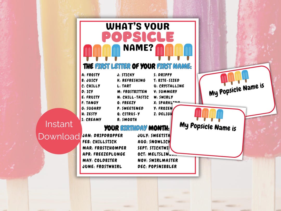 What's Your Popsicle Name Game + Name Tags, Popsicle Party Game ...