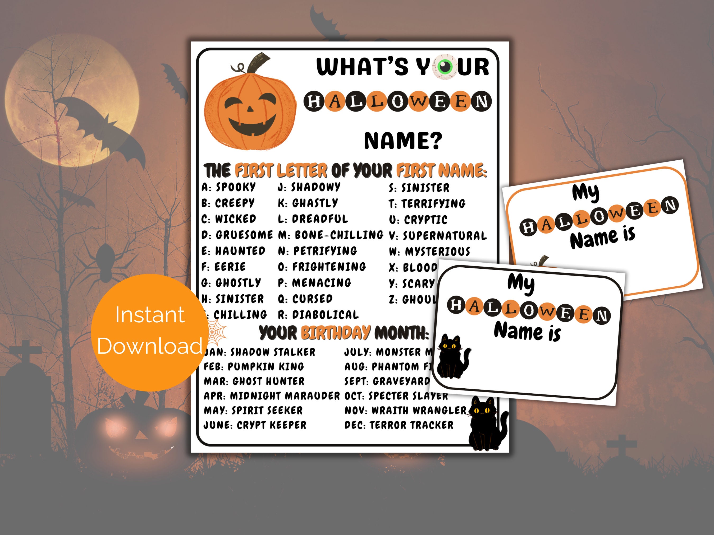 What's Your Halloween Name Game + Name Tags, Halloween Party Game ...