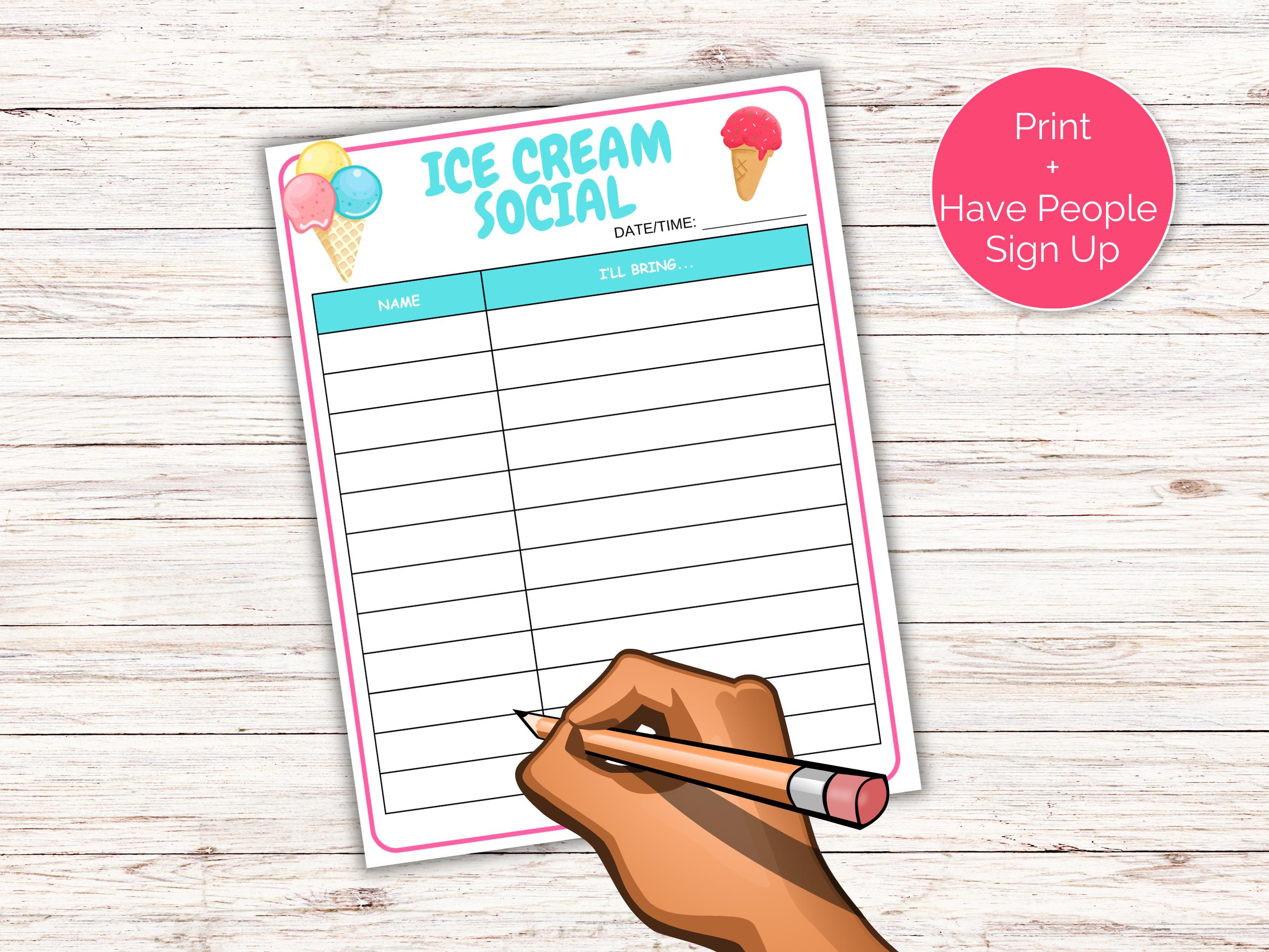 Ice Cream Social Sign up Sheet, Printable Ice Cream Party Sign up Form ...