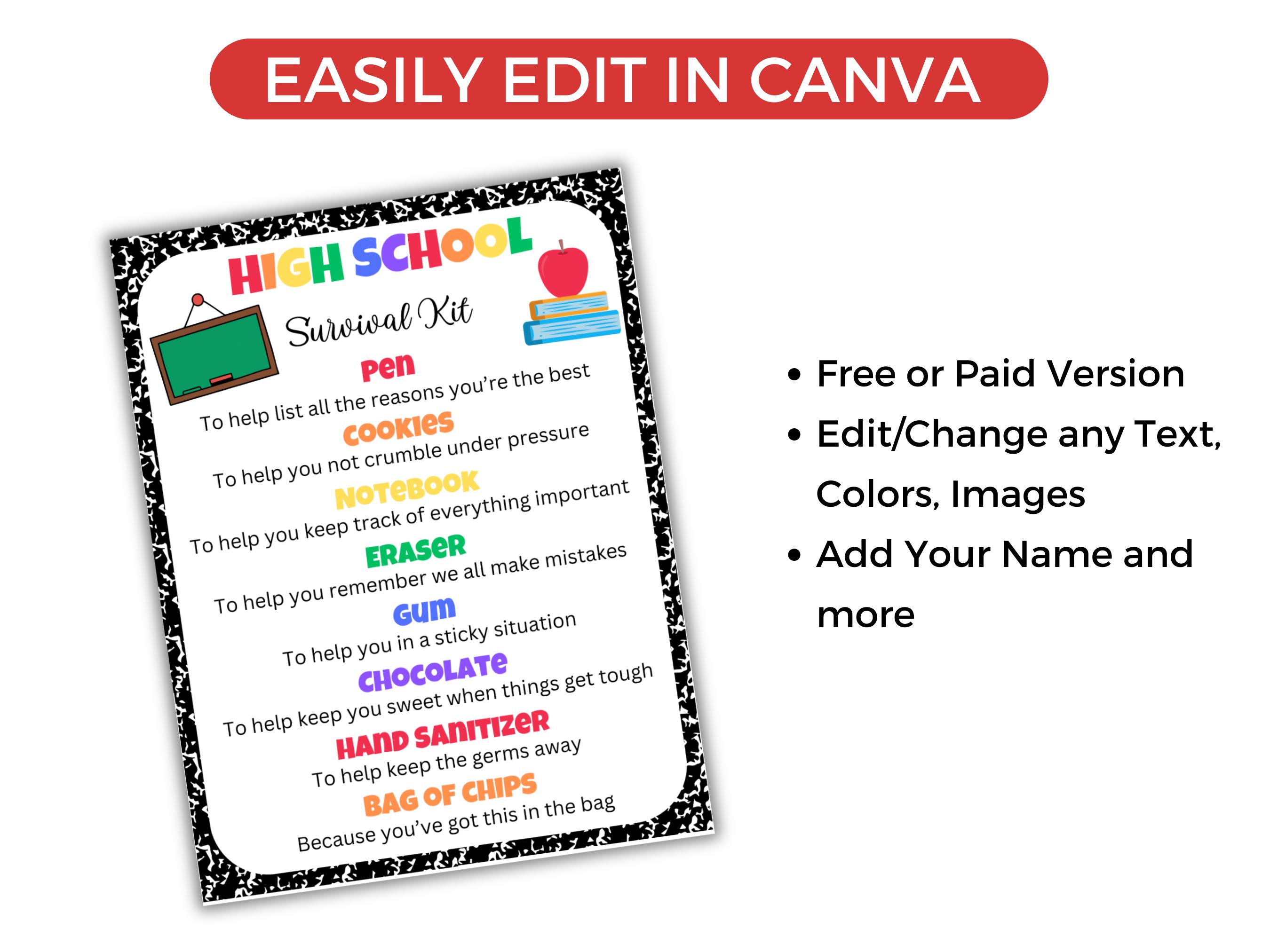 Editable High School Survival Kit Gift Tags, Back to School Gift Tag ...