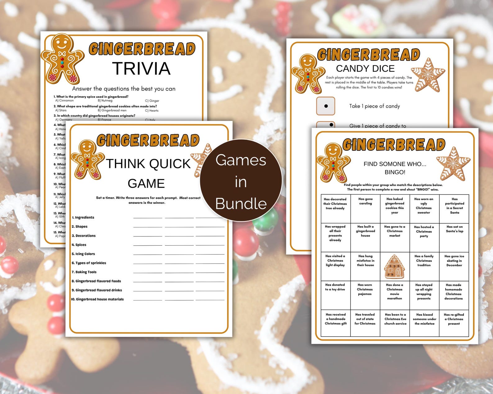 Gingerbread Game Bundle, 10 Printable Gingerbread Party Games ...