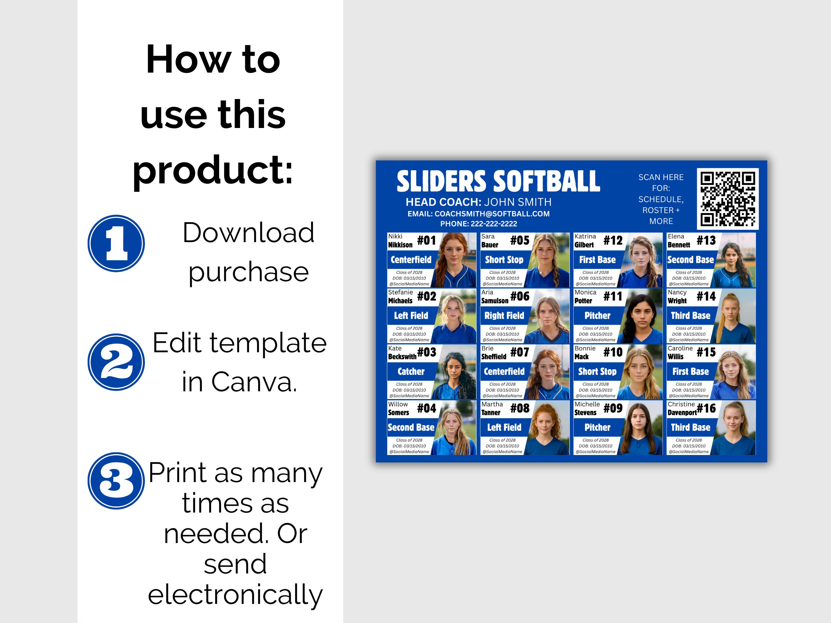 Editable 16 Player Team Roster Template, Customizable Travel Team ...