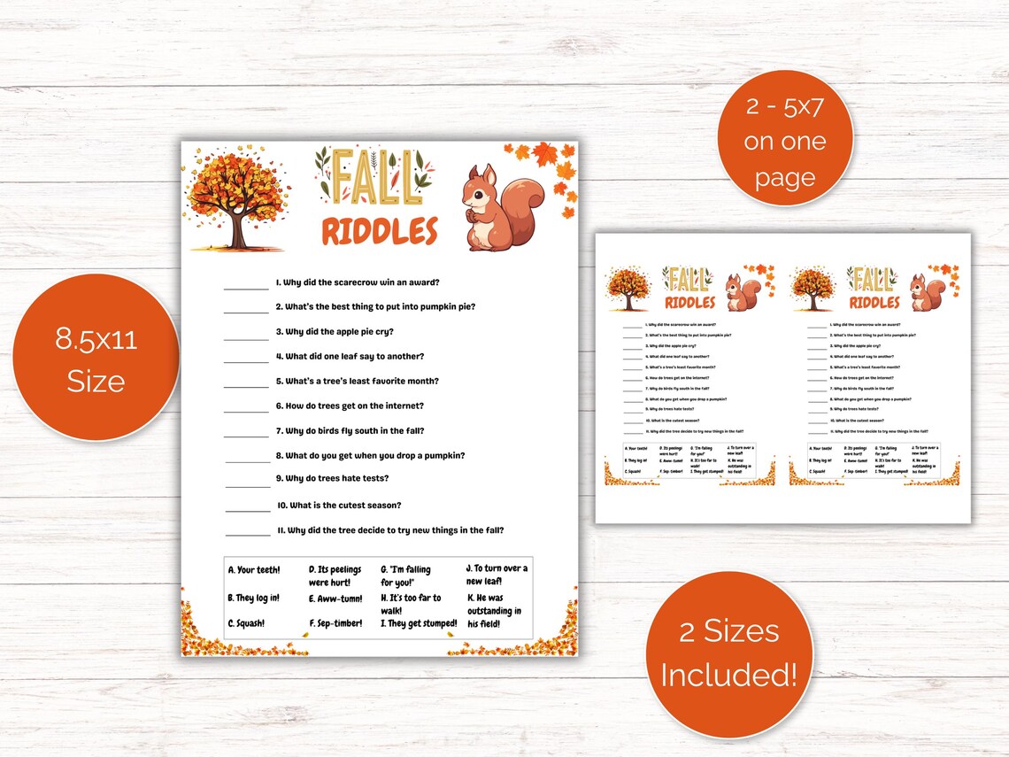 Fall Jokes, Fall Riddles, Autumn Riddles, Fall Party Game, Autumn ...