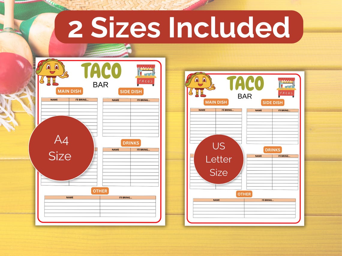 Taco Bar Sign up Sheet, Printable Mexican Fiesta Potluck Party Signup ...