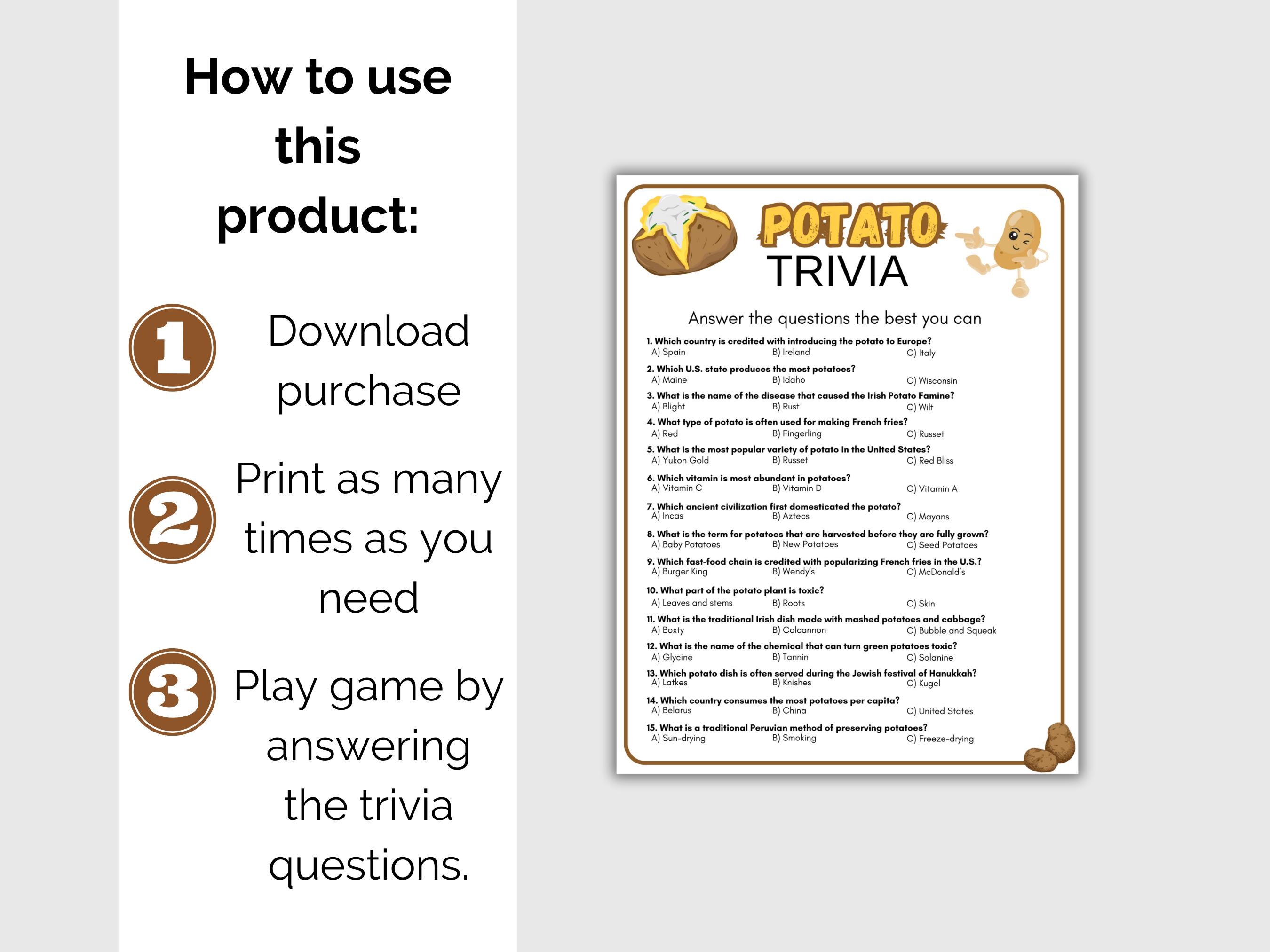 Potato Trivia Game, Potato Quiz, Printable Potato Bar Game for Kids ...