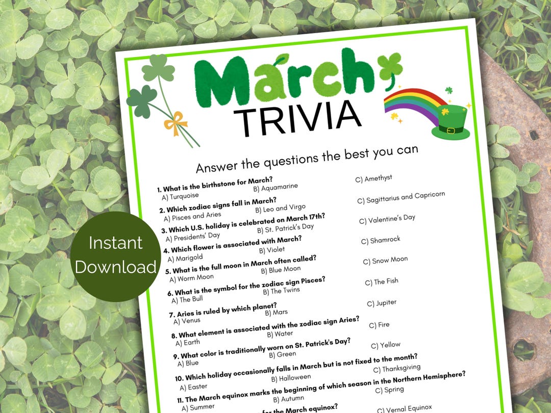 March Trivia Game, March Quiz, Printable Month Party Games for Kids ...