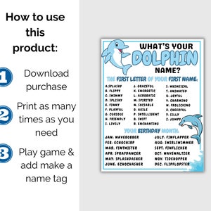 What's Your Dolphin Name Game + Name Tags, Dolphin Birthday Party ...
