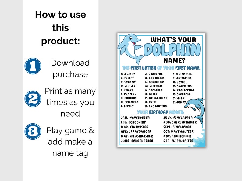 What's Your Dolphin Name Game + Name Tags, Dolphin Birthday Party ...
