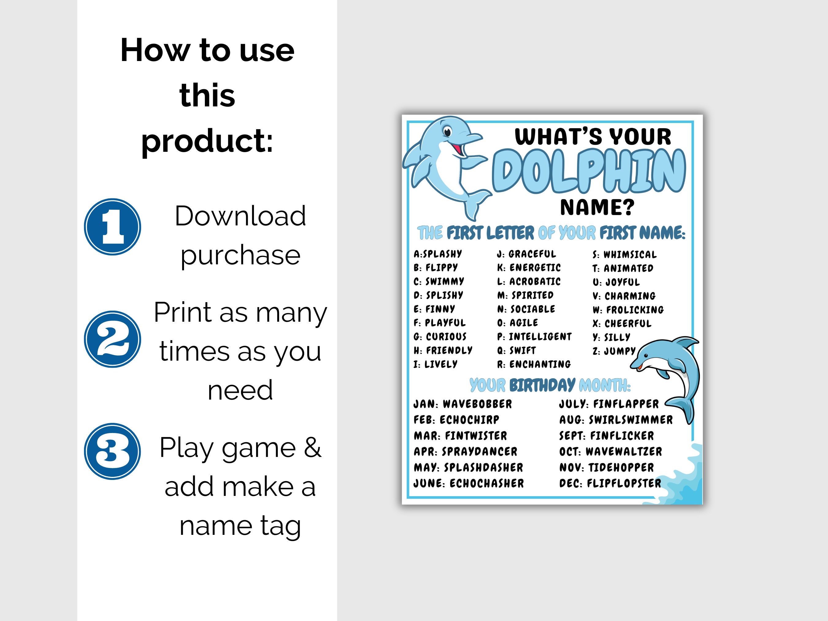 What's Your Dolphin Name Game + Name Tags, Dolphin Birthday Party ...