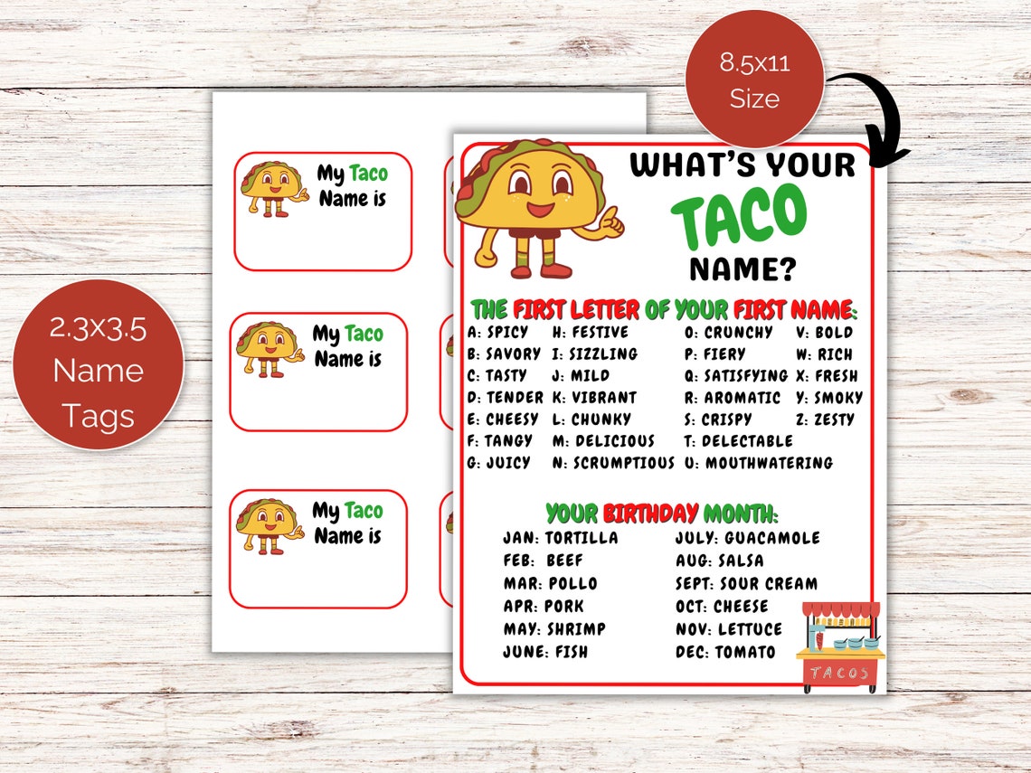 What's Your Taco Name Game + Name Tags, Cinco De Mayo Game, Mexican ...
