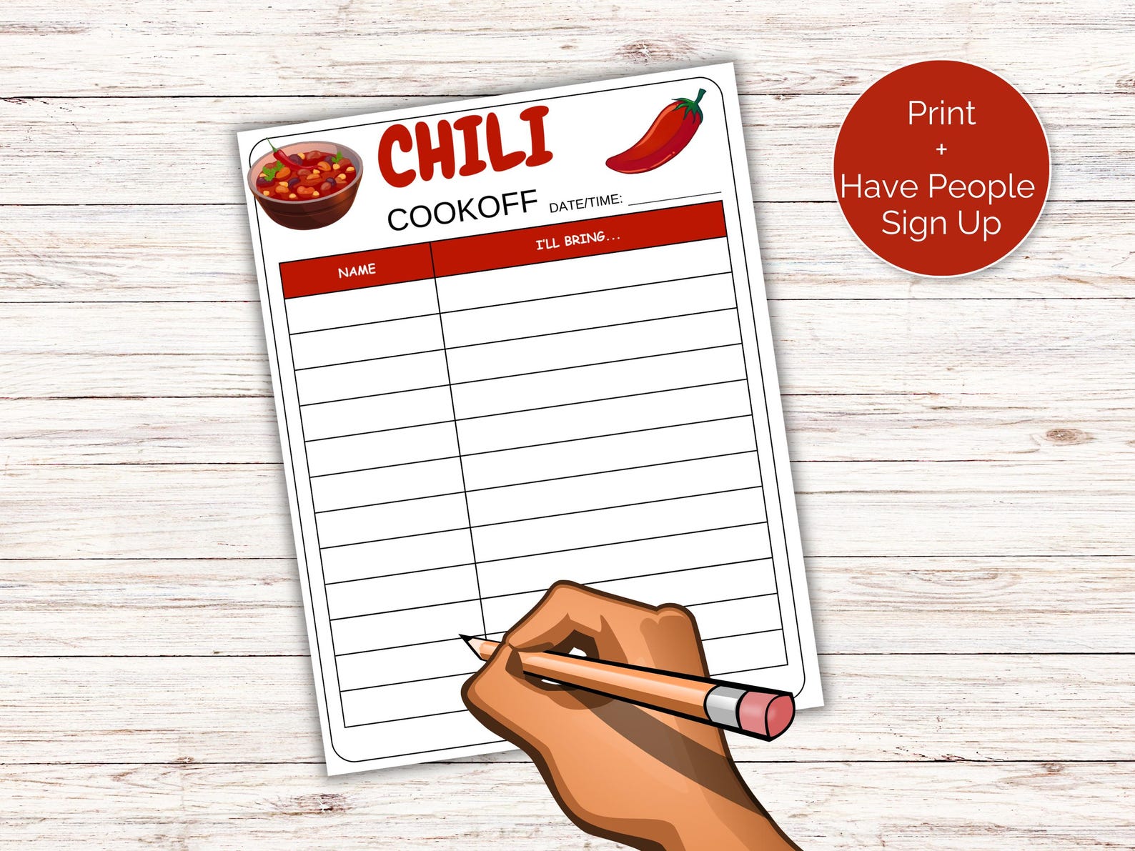 Chili Cookoff Sign up Sheet, Printable Chili Cook-off Participant ...