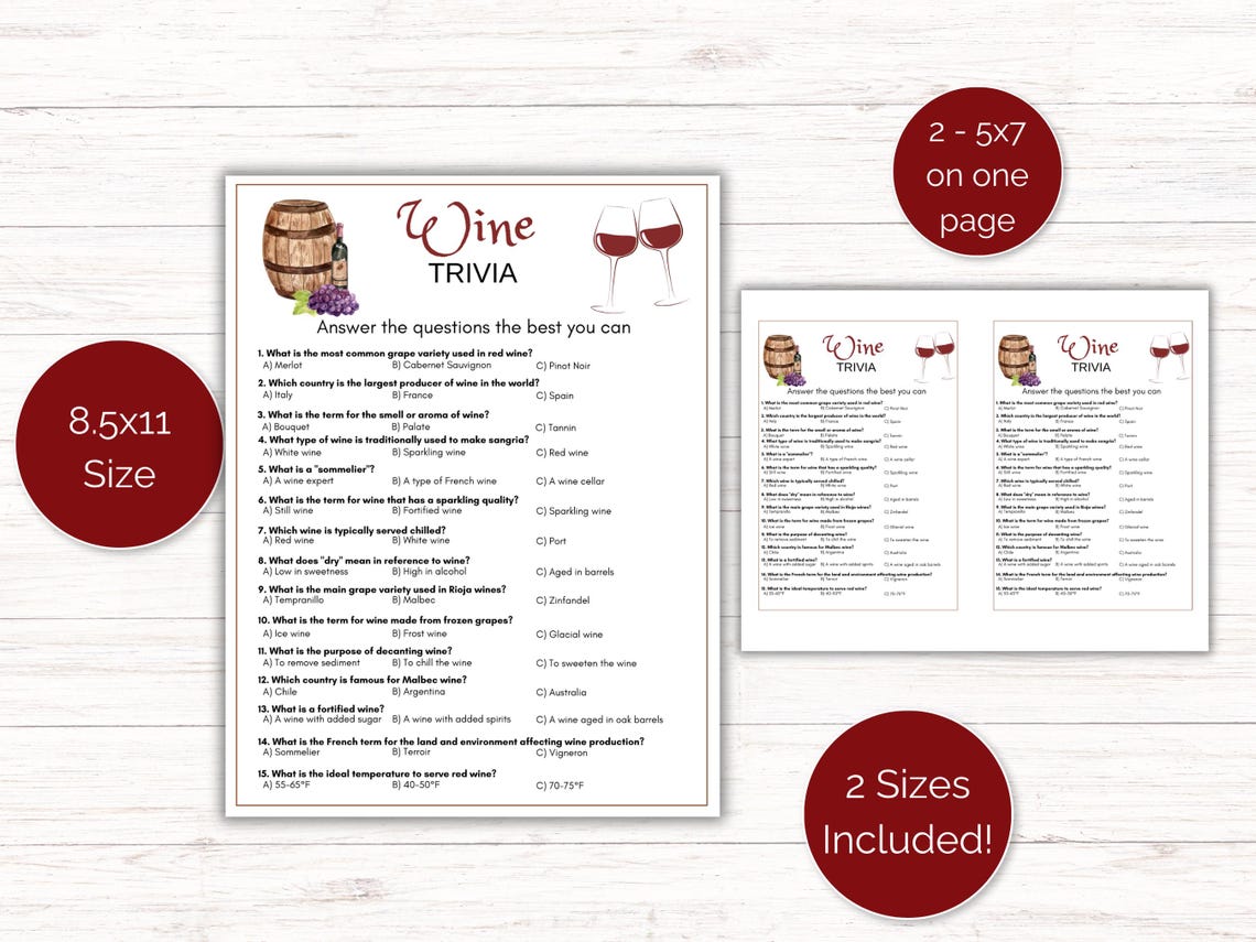 Wine Trivia Game, Wine Quiz, Printable Wine Party Game for Adults, Wine ...