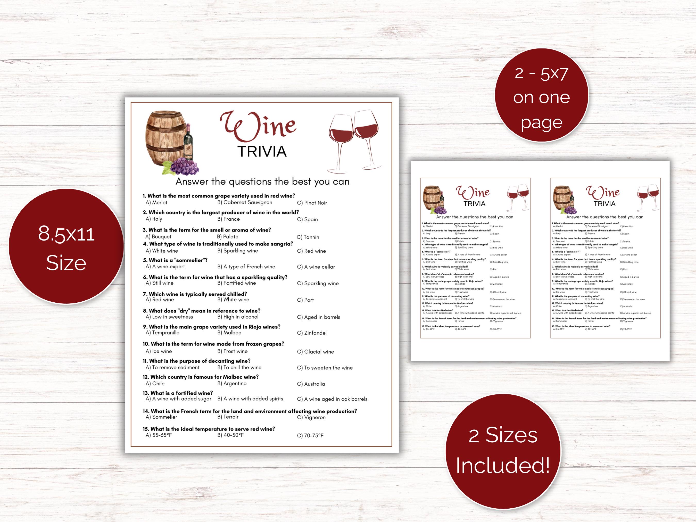Wine Trivia Game, Wine Quiz, Printable Wine Party Game for Adults, Wine ...
