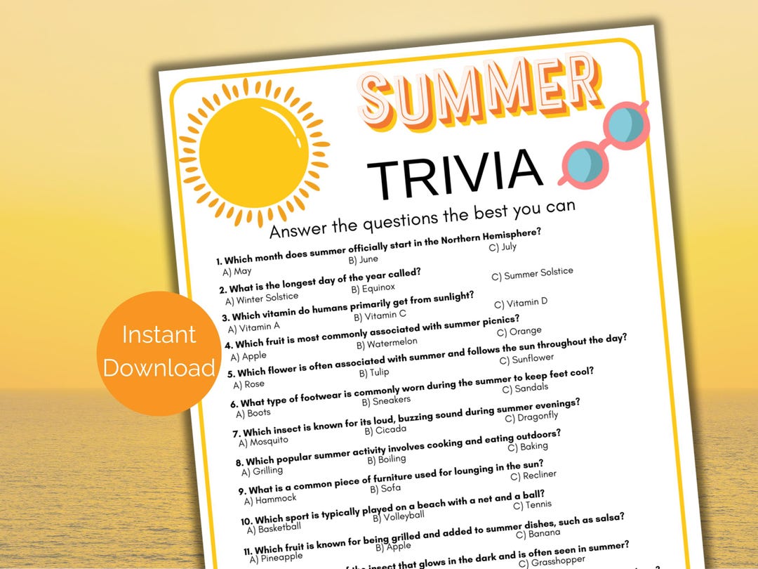Summer Trivia Game, Summer Quiz, Printable Summer Game, Summer Party ...