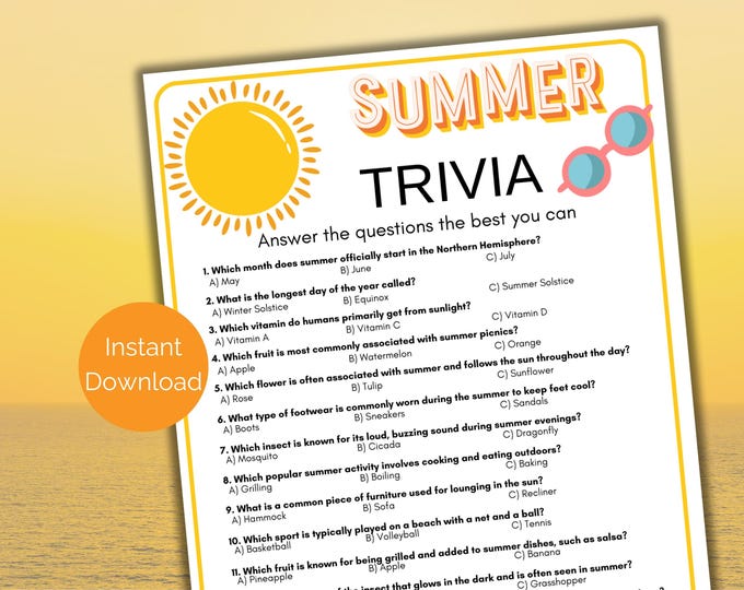 Summer Trivia Game, Summer Trivia Quiz, Printable Summer Game, Summer ...