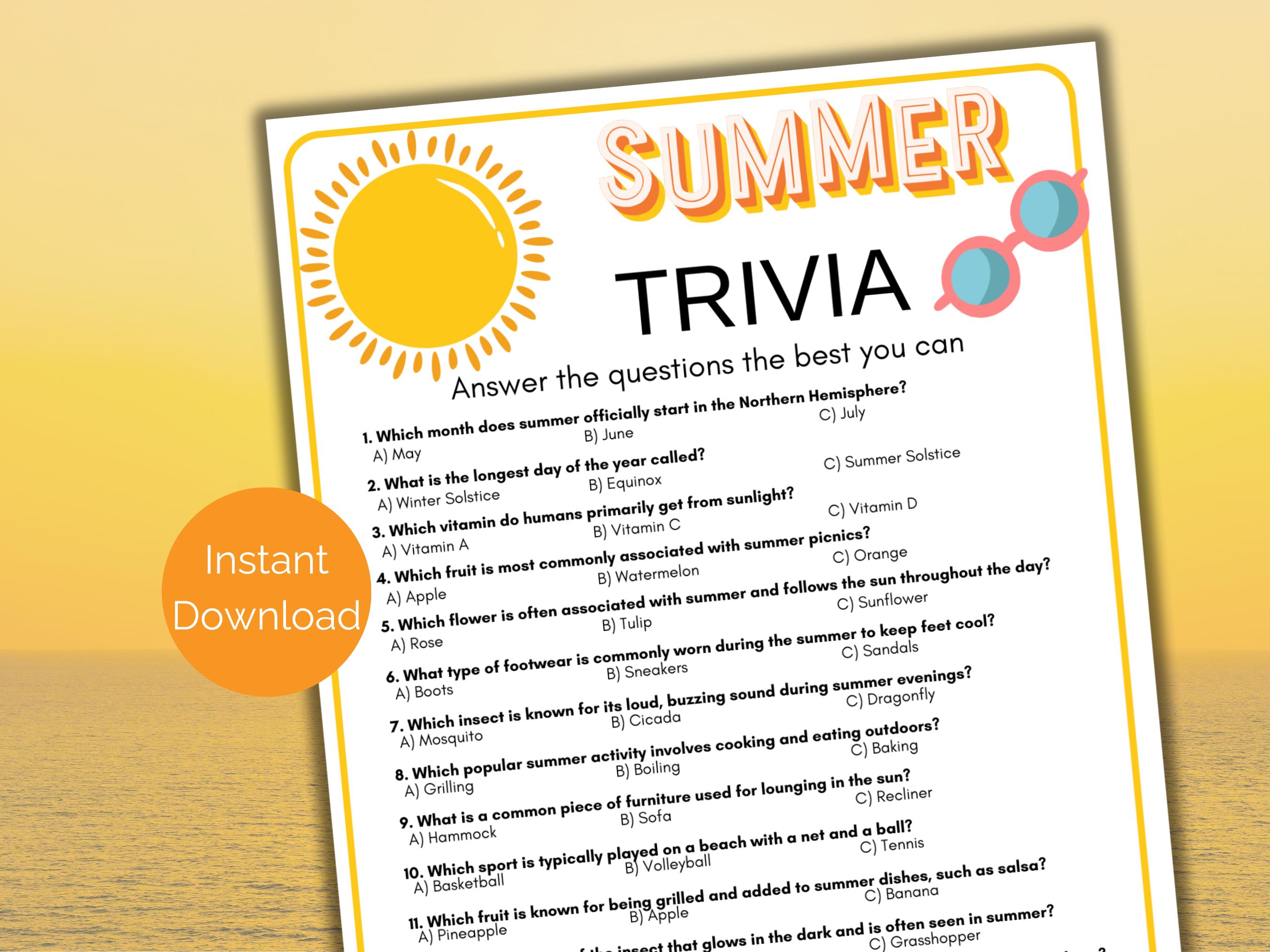 Summer Trivia Game, Summer Quiz, Printable Summer Game, Summer Party ...