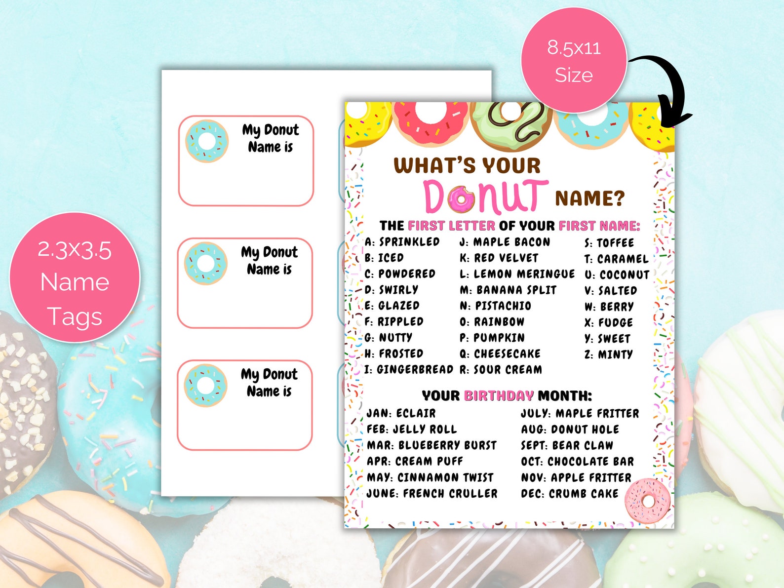 What's Your Donut Name Game + Name Tags, Donut Party Game, Donut ...