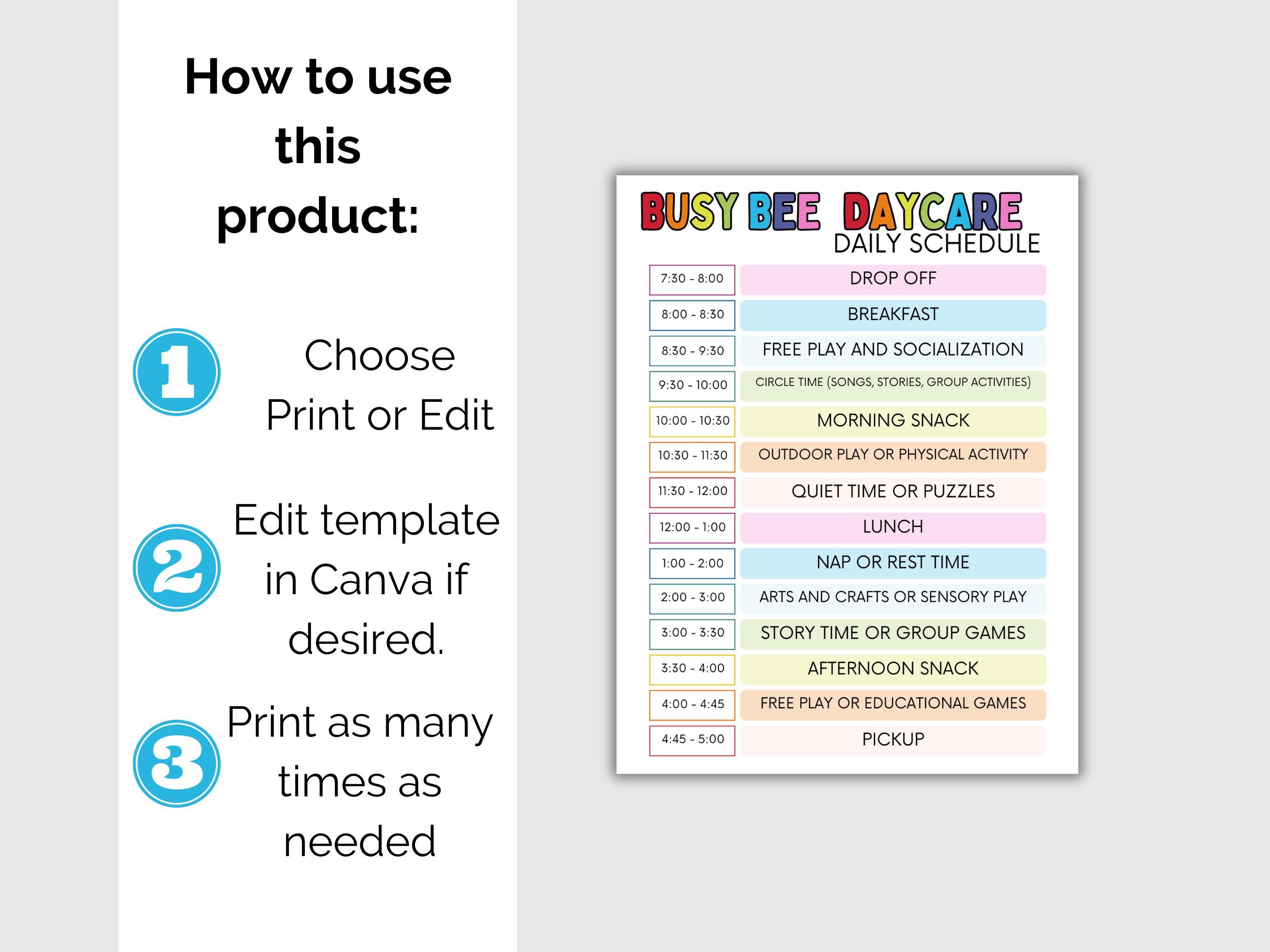 Editable Home Daycare Daily Schedule, Daily Schedule for Preschool ...
