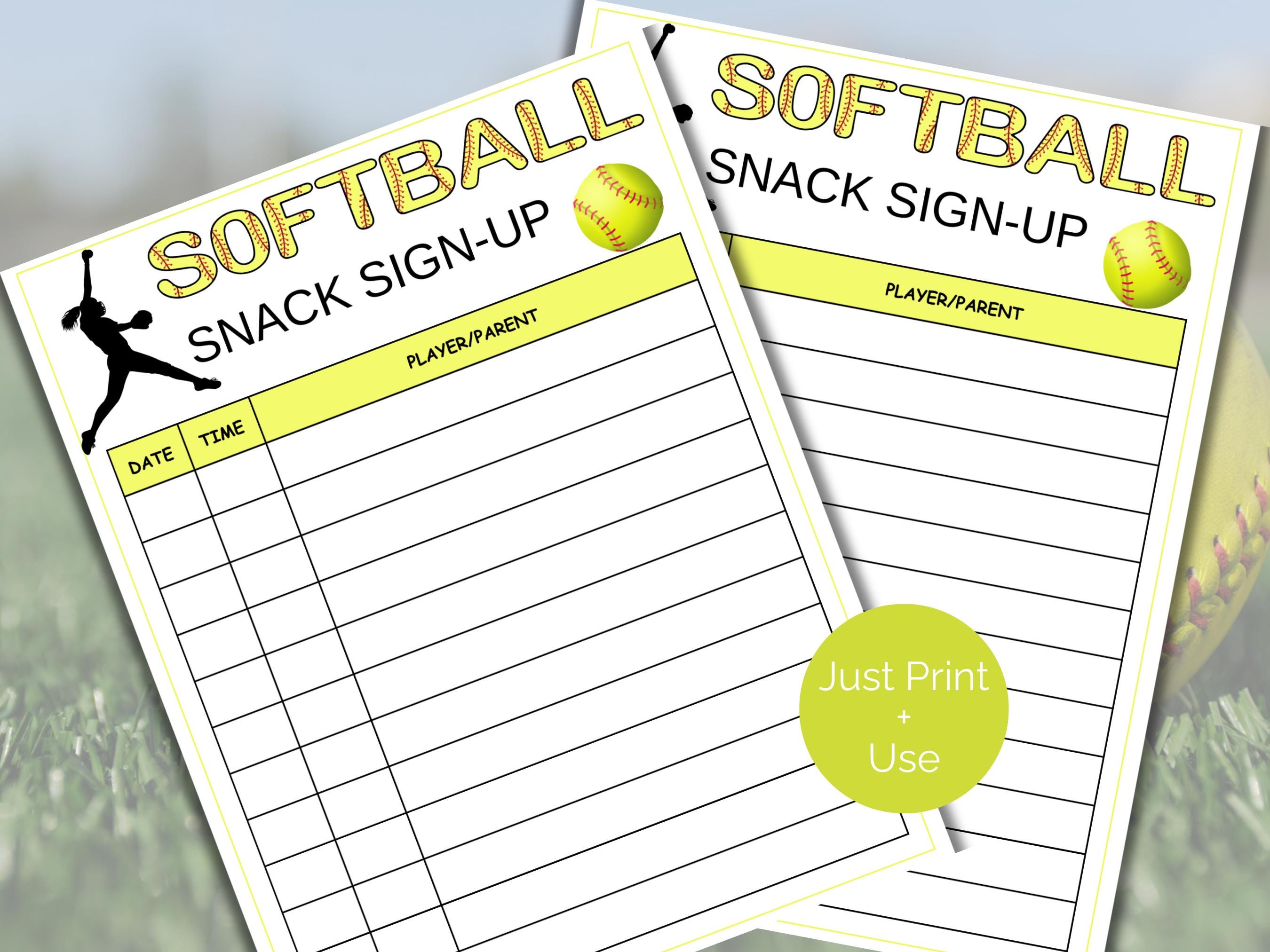 Softball Snack Sign up Sheet, Printable Softball Snack Calendar ...