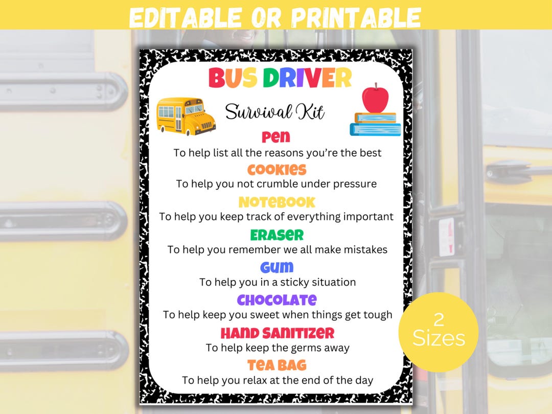 Editable Bus Driver Survival Kit Gift Tags, Bus Driver Appreciation Day ...