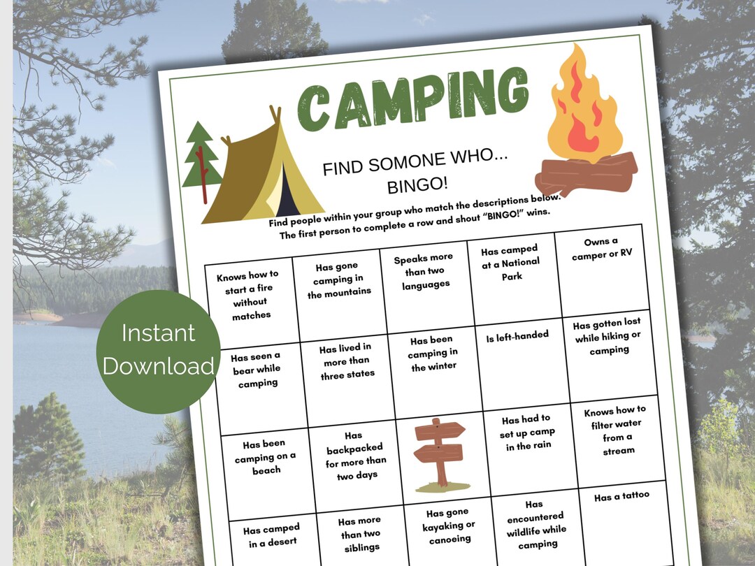 Camping Find Someone Who Game, Camping Theme Party Mix and Mingle Bingo ...