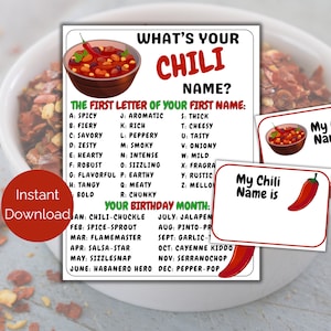 What's Your Chili Name Game + Name Tags, Chili Party Game, Chili ...