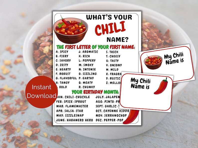 What's Your Chili Name Game + Name Tags, Chili Party Game, Chili ...