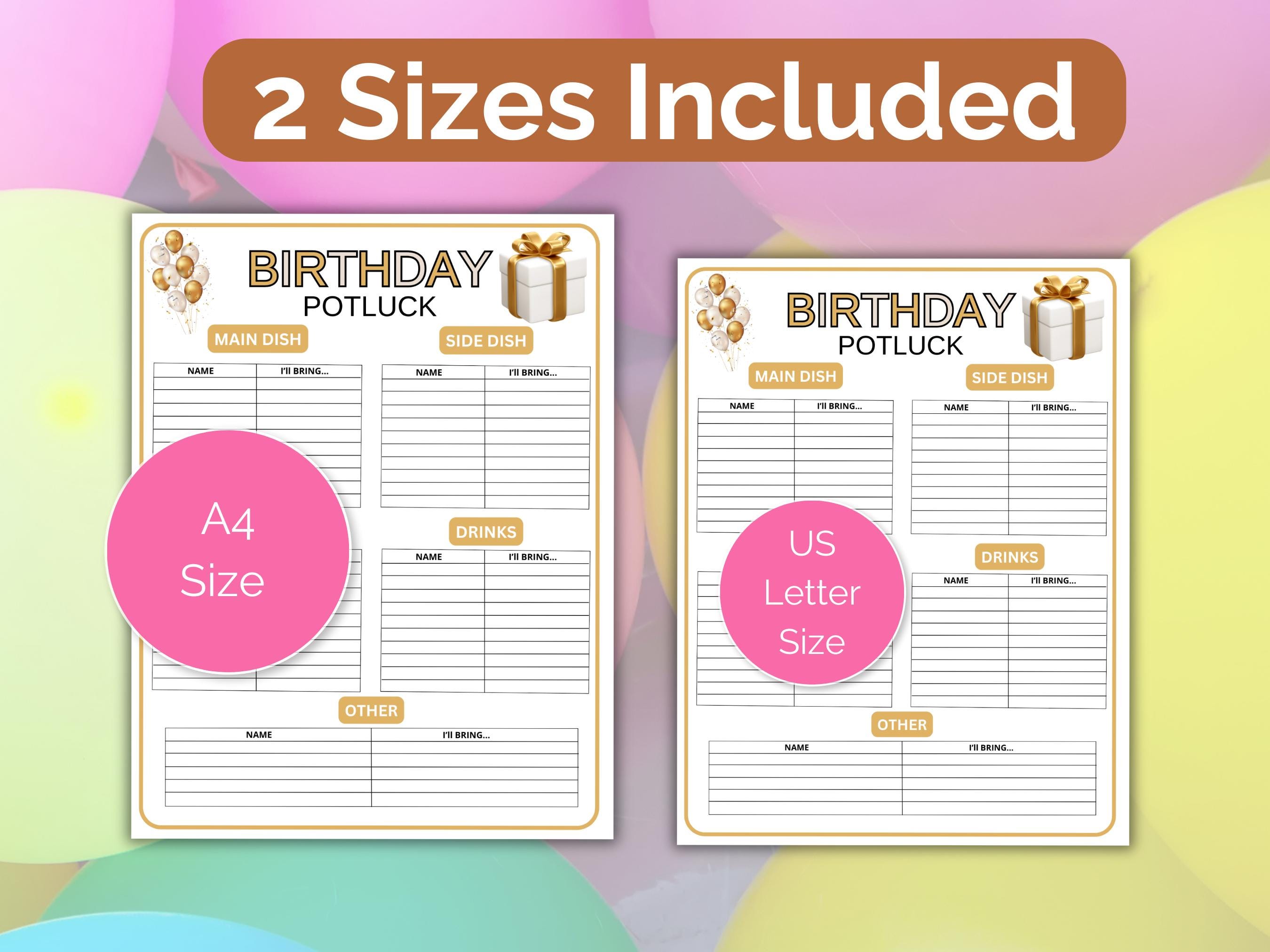 Birthday Potluck Sign up Sheet, Printable Birthday Party Potluck Sign ...