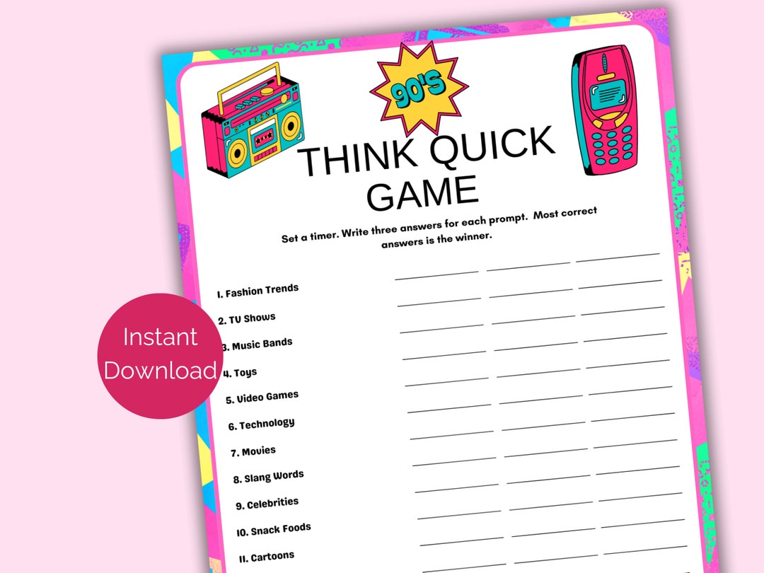 90s Thick Quick, 90s Themed Birthday Game, 1990s Printable Game, Back ...