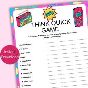 90s Thick Quick, 90s Themed Birthday Game, 1990s Printable Game, Back ...
