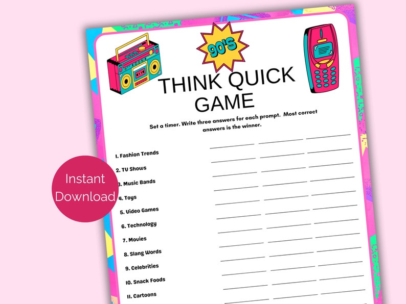 90s Thick Quick, 90s Themed Birthday Game, 1990s Printable Game, Back ...
