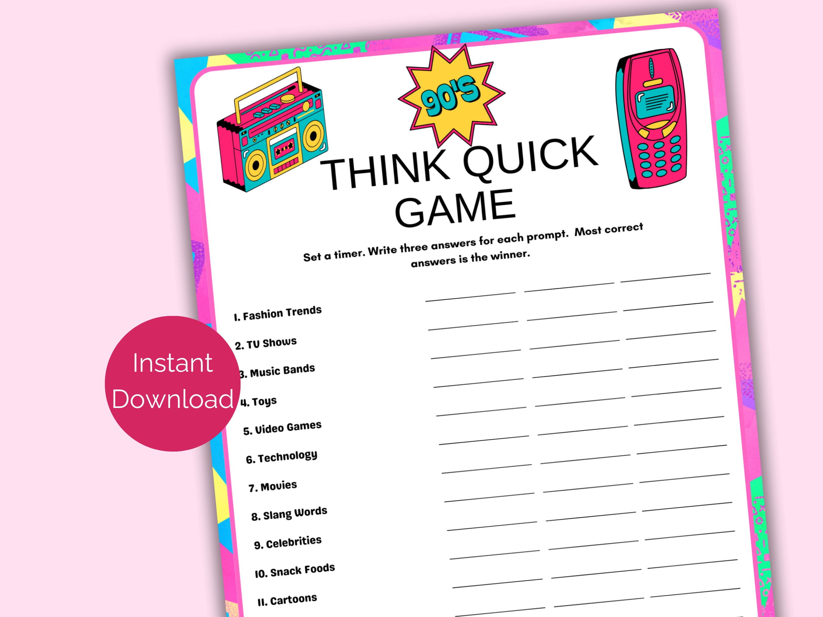 90s Thick Quick, 90s Themed Birthday Game, 1990s Printable Game, Back ...