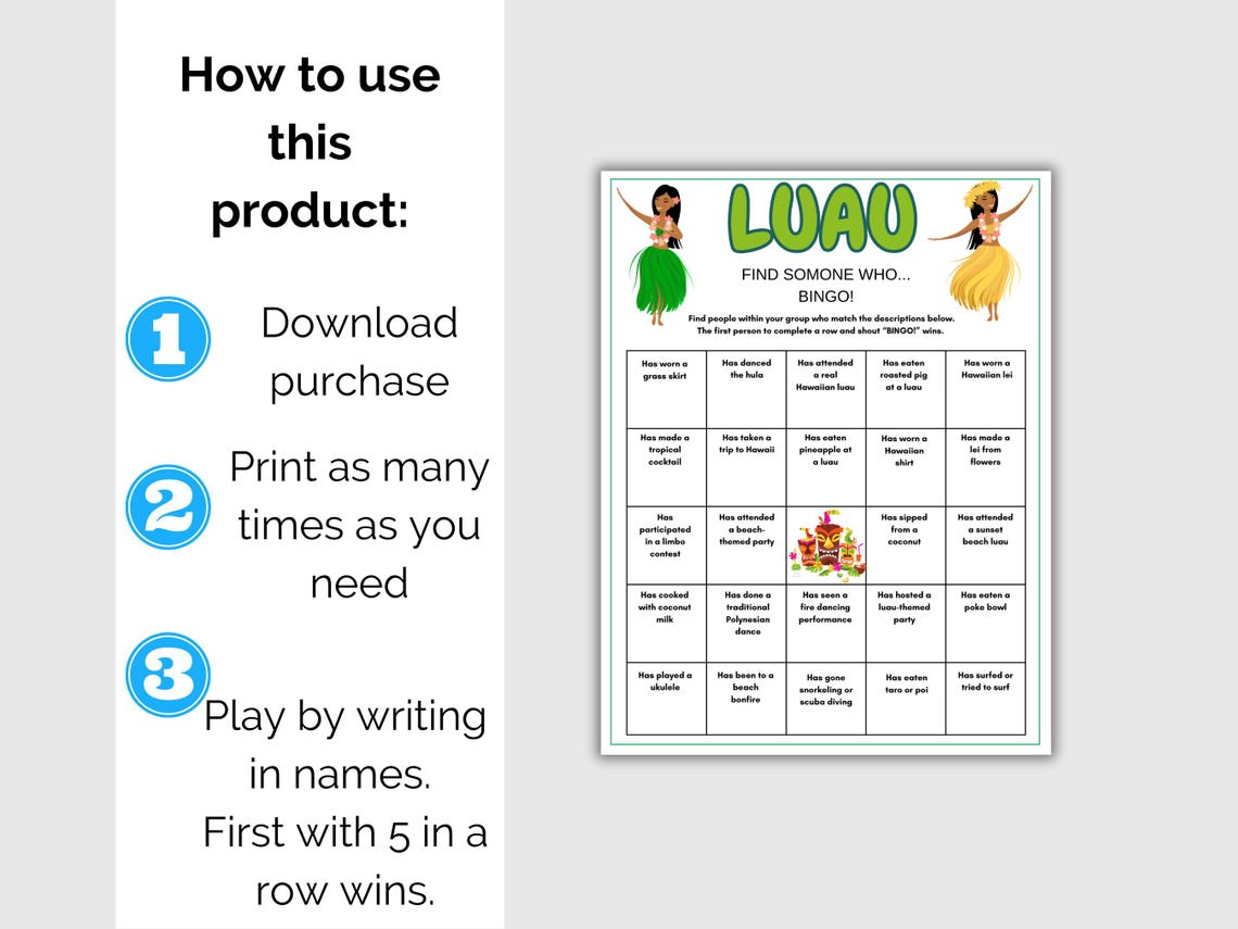 Luau Find Someone Who Game, Hawaiian Party Mix and Mingle, Aloha Party ...