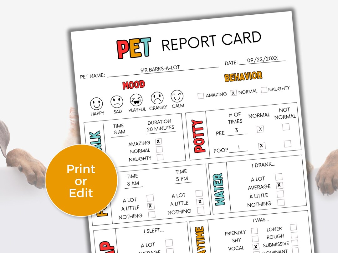 EDITABLE Pet Report Card, Pet Boarding Report, Pet Daycare Report Card ...