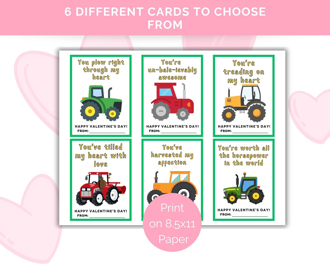 Tractor Valentine Cards, 6 Printable Tractor Valentines for Kids, Boy ...