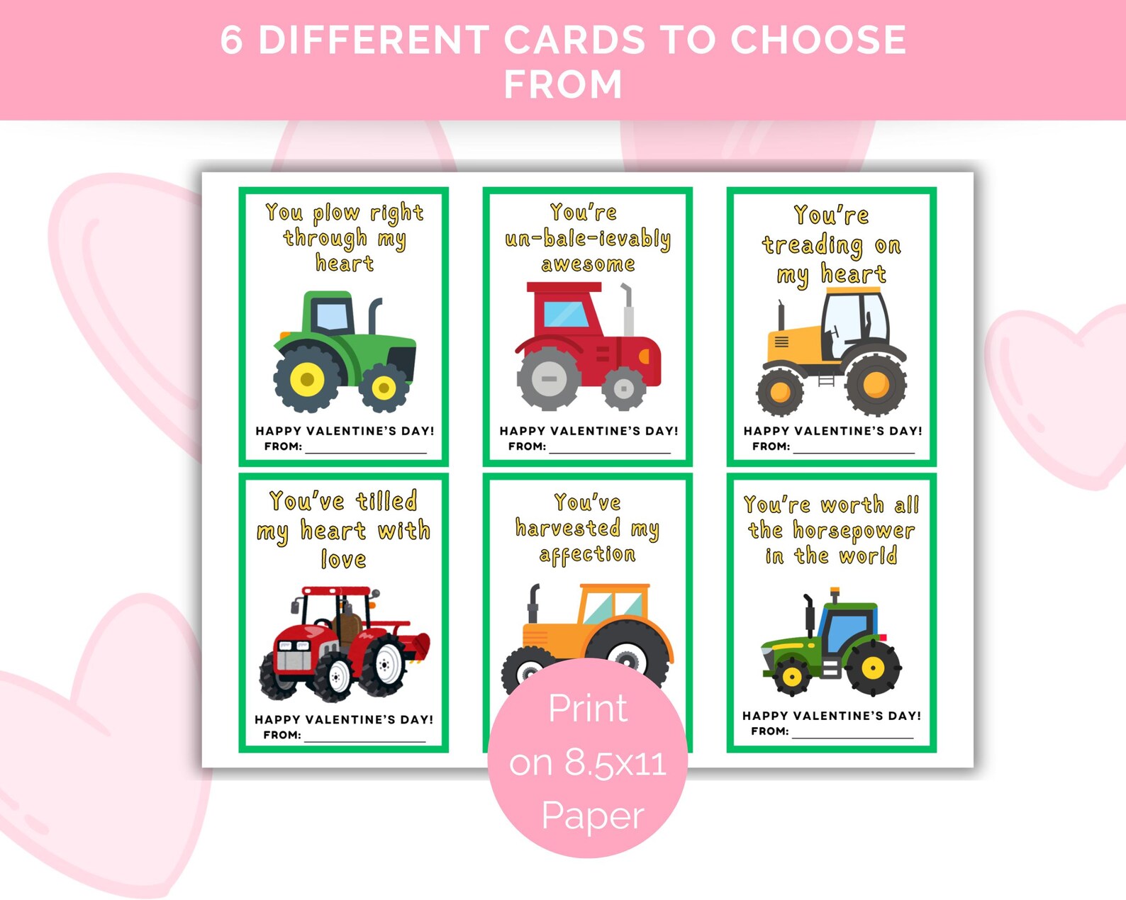 Tractor Valentine Cards, 6 Printable Tractor Valentines for Kids, Boy ...