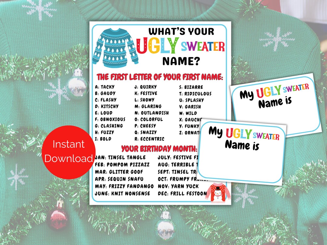 What's Your Ugly Sweater Name Game + Name Tags, Ugly Sweater Party Game ...