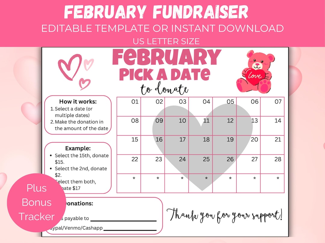 Editable February Pick A Date, Valentine Fundraiser Calendar, Valentine ...