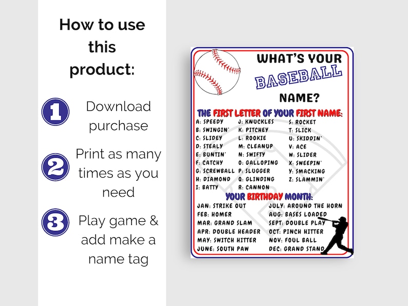 What's Your Baseball Name Game + Name Tags, Baseball Team Party Games ...