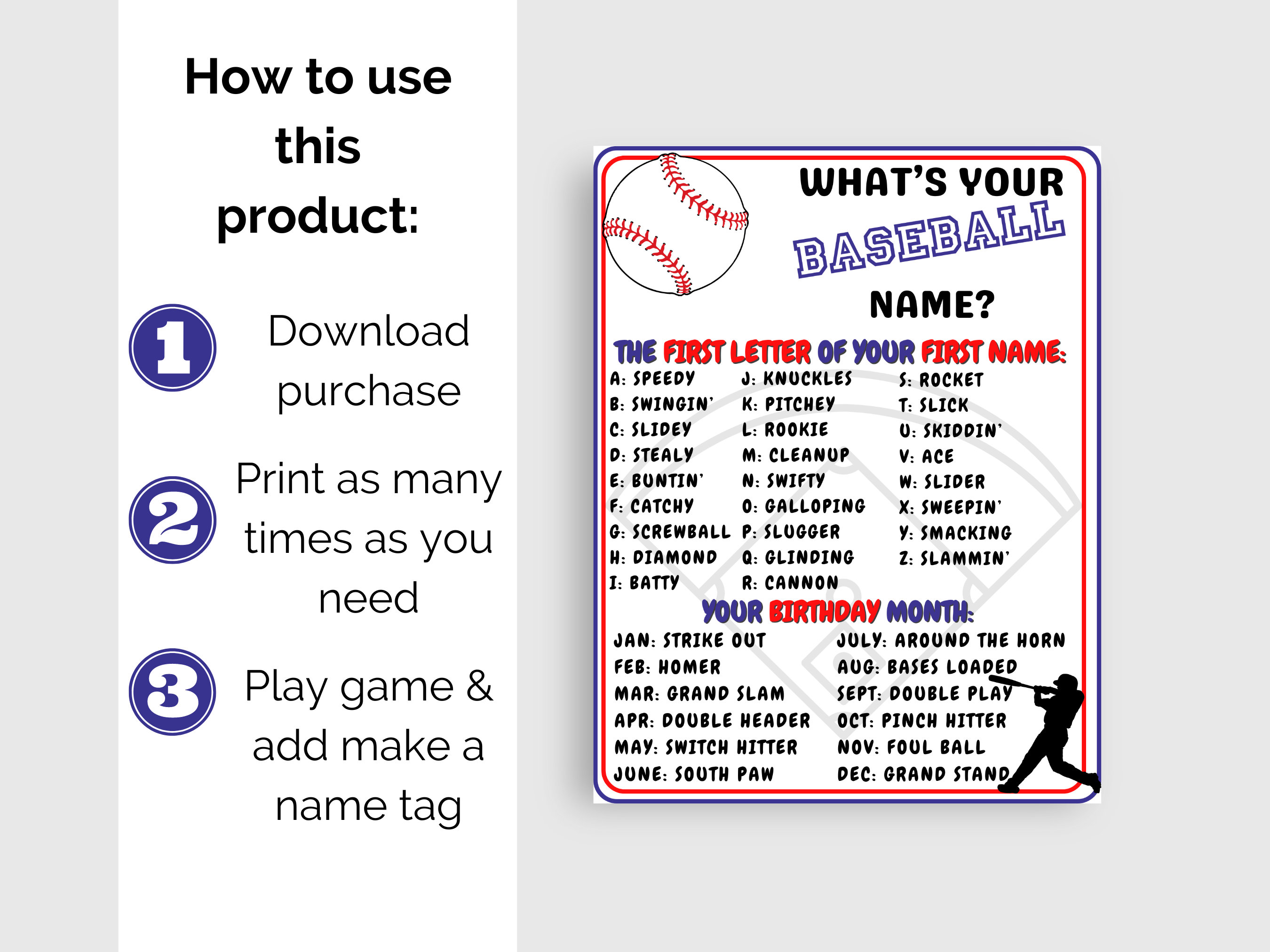 What's Your Baseball Name Game + Name Tags, Baseball Team Party Games ...