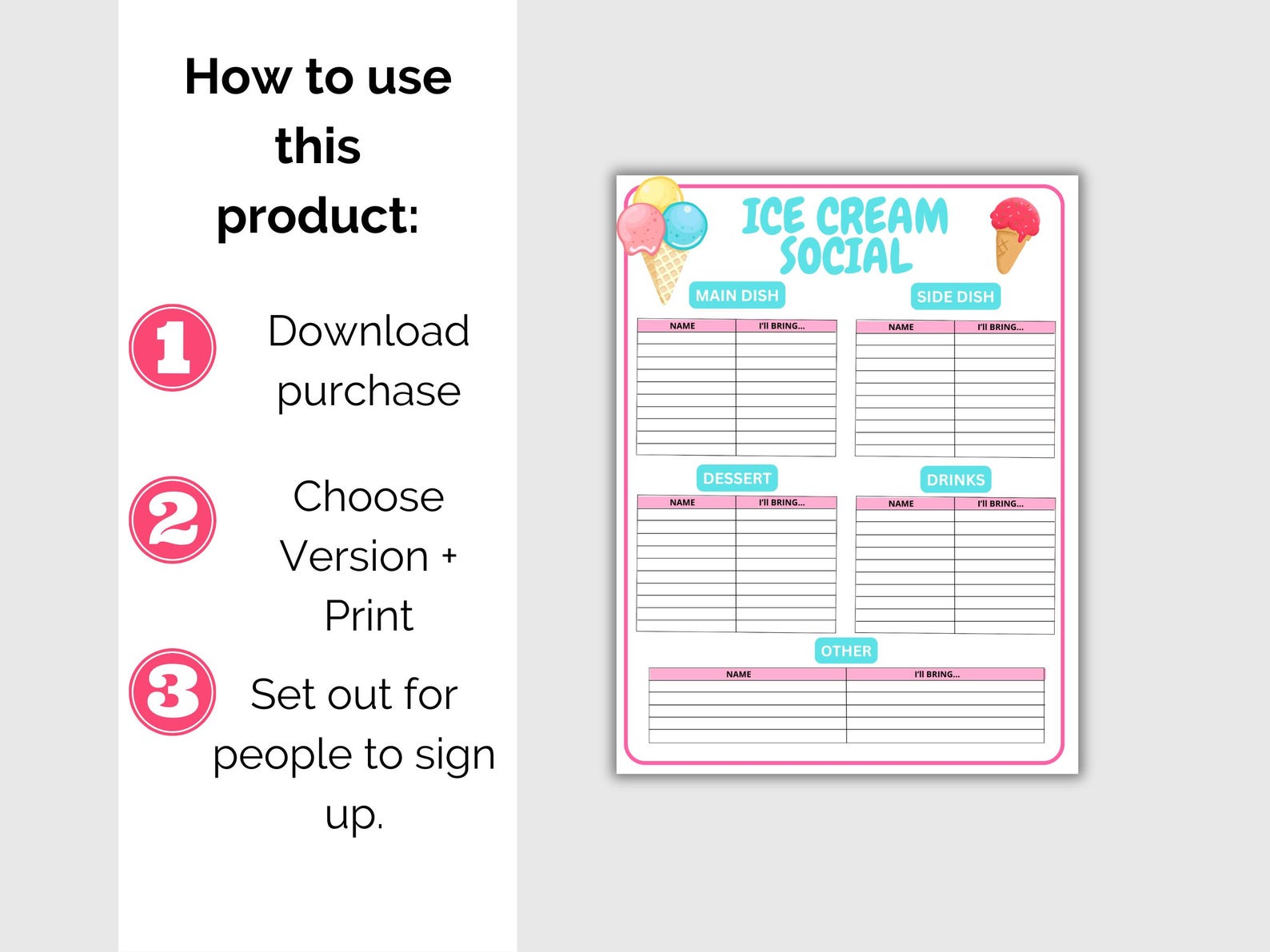 Ice Cream Social Sign up Sheet, Printable Ice Cream Party Sign up Form ...