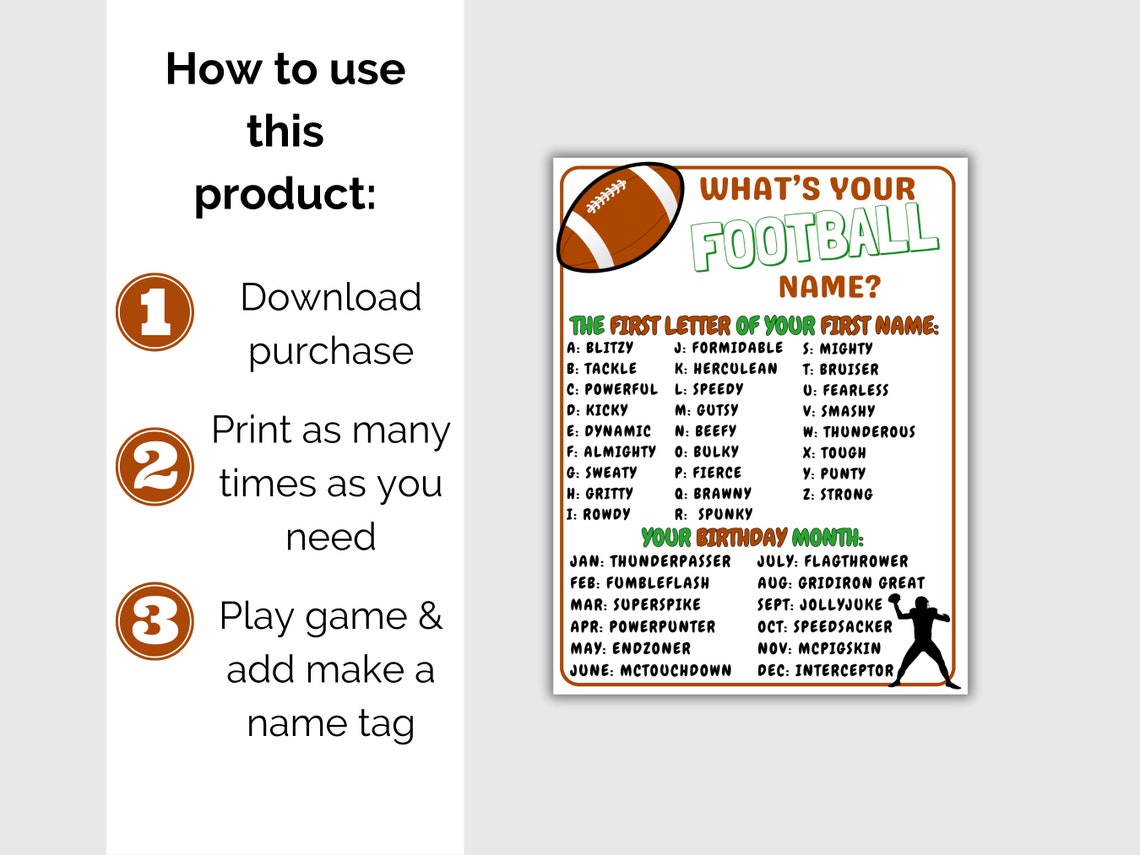 What's Your Football Name Game + Name Tags, Football Party Game ...
