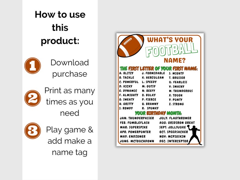 What's Your Football Name Game + Name Tags, Football Party Game ...