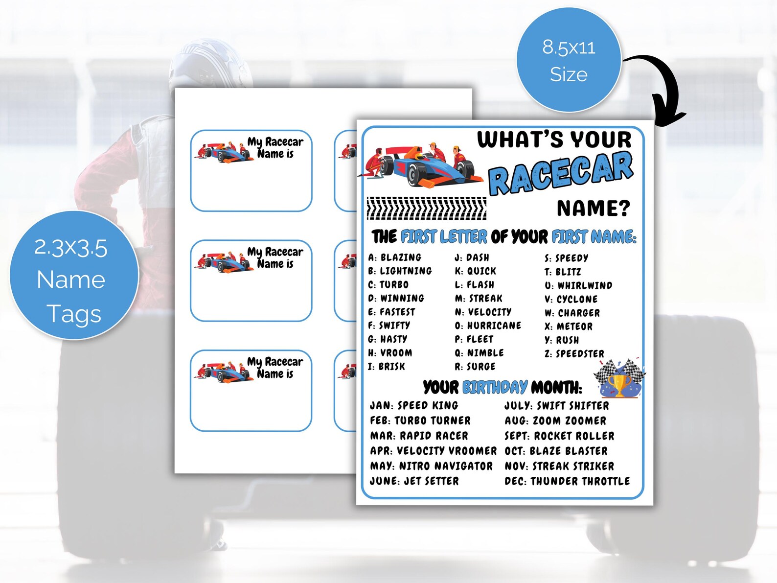 What's Your Race Car Name Game + Name Tags, Printable Race Car Birthday ...